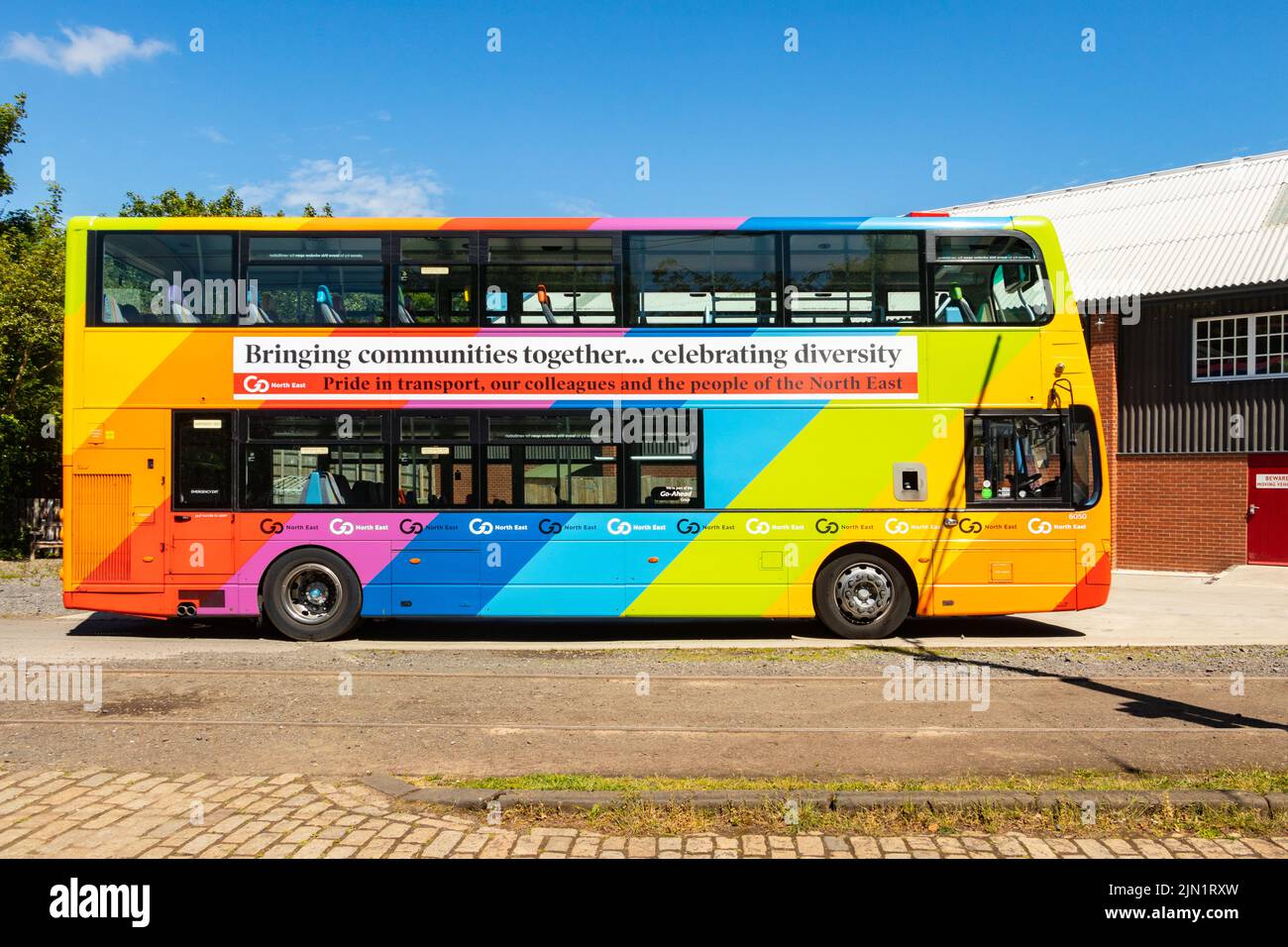 double decker bus in pride rainbow stripes colours at Beamish County ...