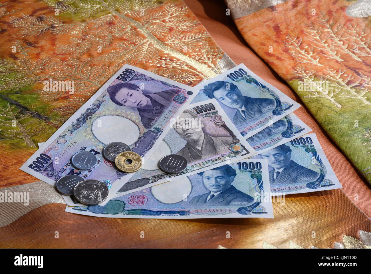 Coins and paper banknotes of Japanese yen on the background of national ...