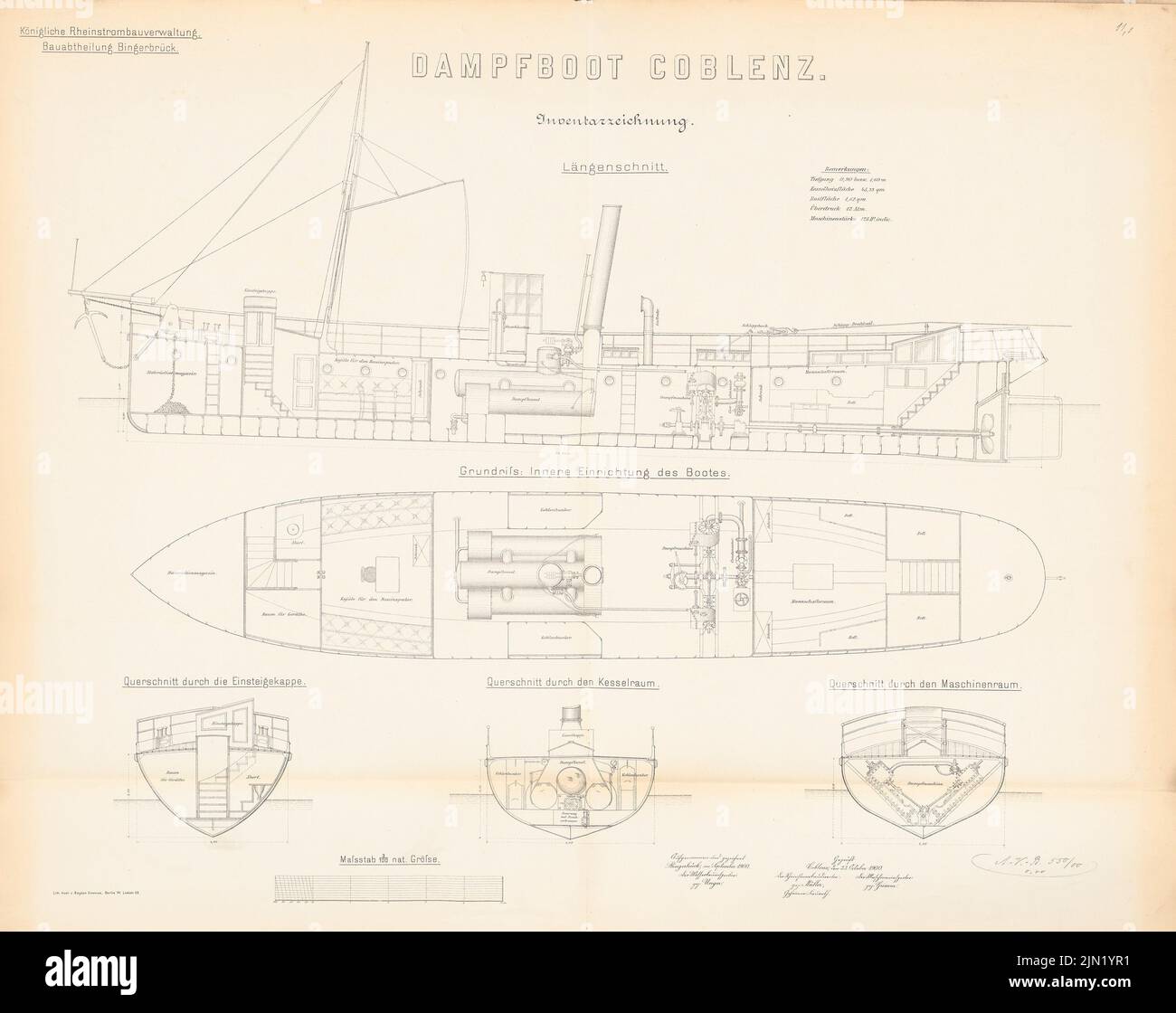 N.N., steamboat »Coblenz«: floor plan, longitudinal section, cross ...