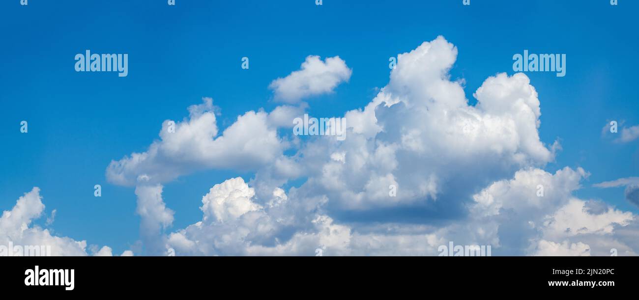 Panorama view of white high clouds on bright blue sky, cloudscape ...