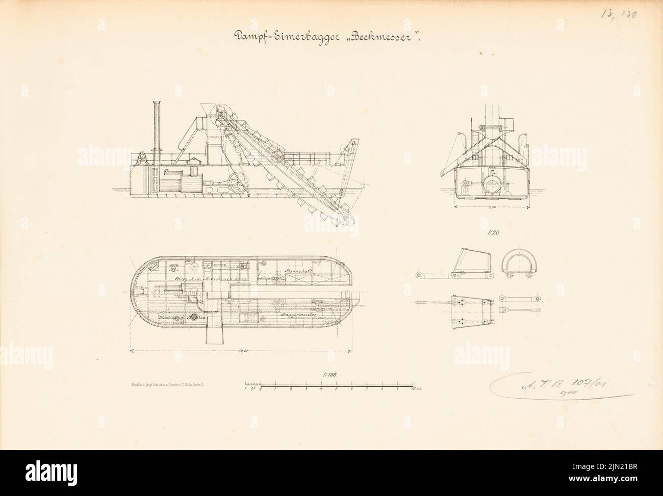 N.N., steam bucket excavator »Beckmesser«: cuts 1: 100, 1:20 ...