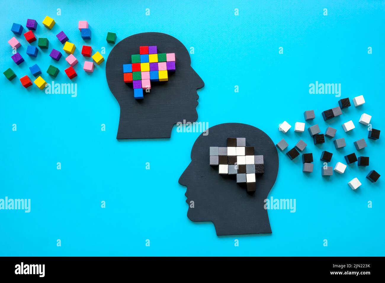 Positive and negative mindset concept. Heads with colorful cubes Stock ...