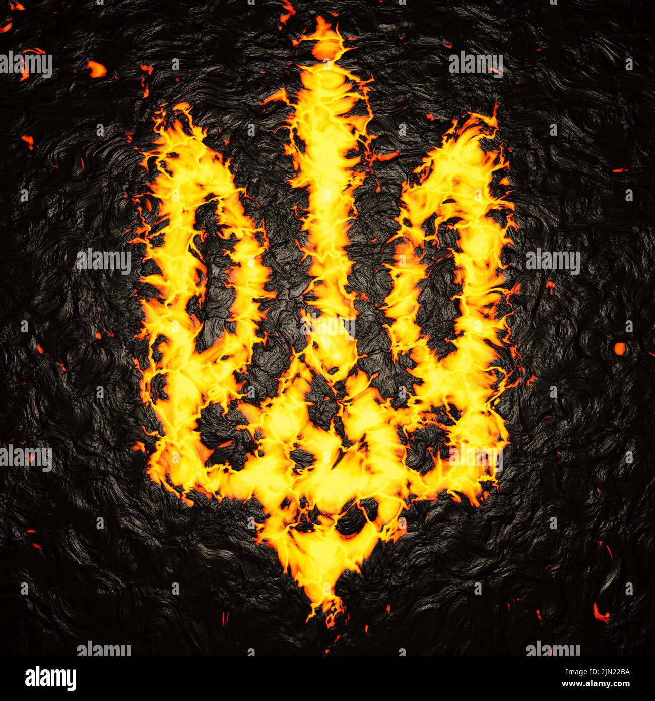Ukrainian national emblem trident concept. Realistic lava flame tryzub ...