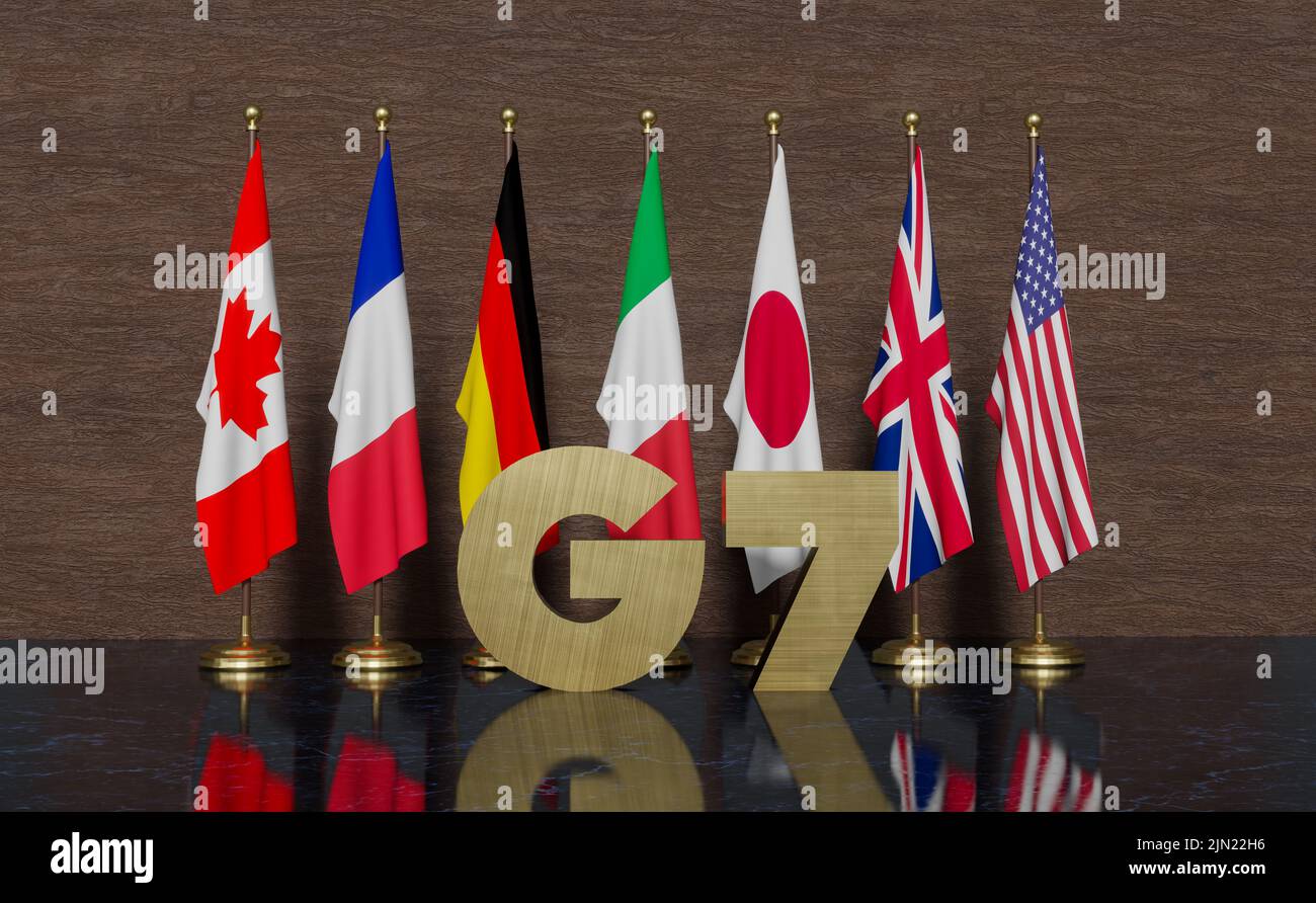 G7 summit. flags of members of G7 group of seven and list of countries ...