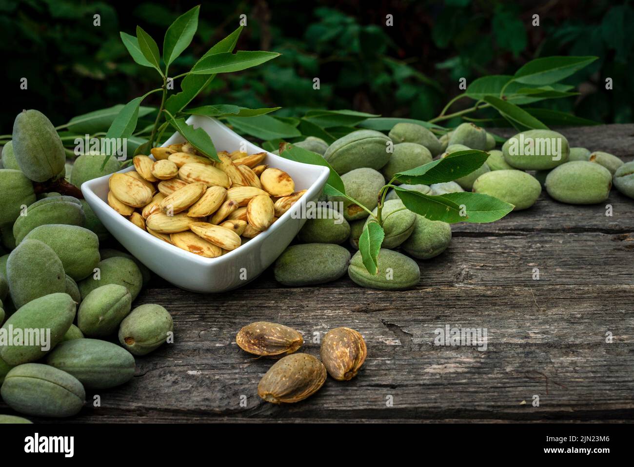 Green almonds open background fresh raw unripe wooden rustic table ...