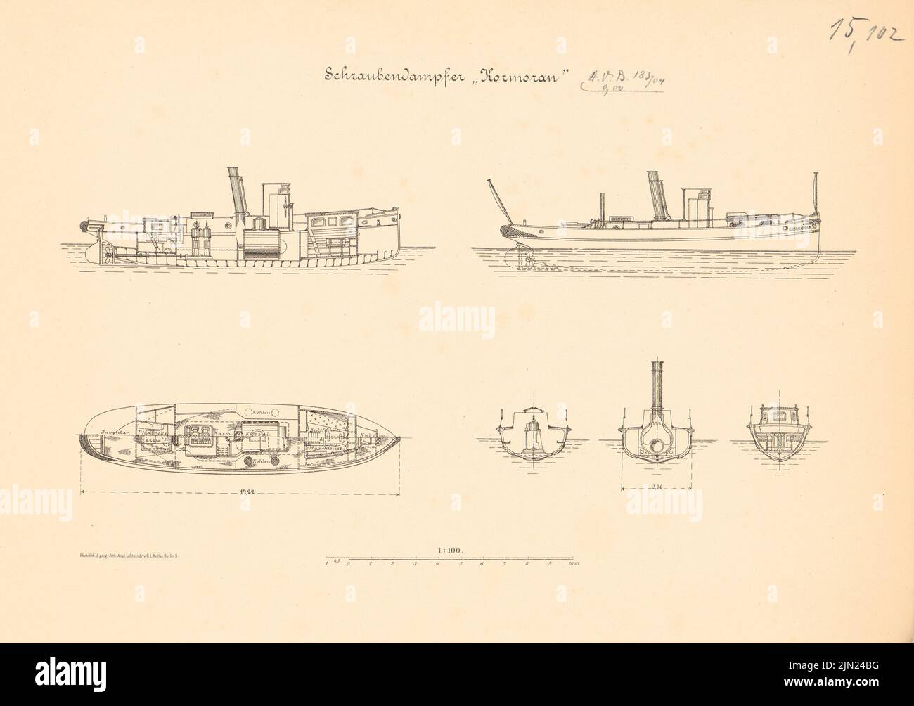 N.N., screw steamer »Komoran«: cuts 1: 100. Lithograph on cardboard, 28 ...