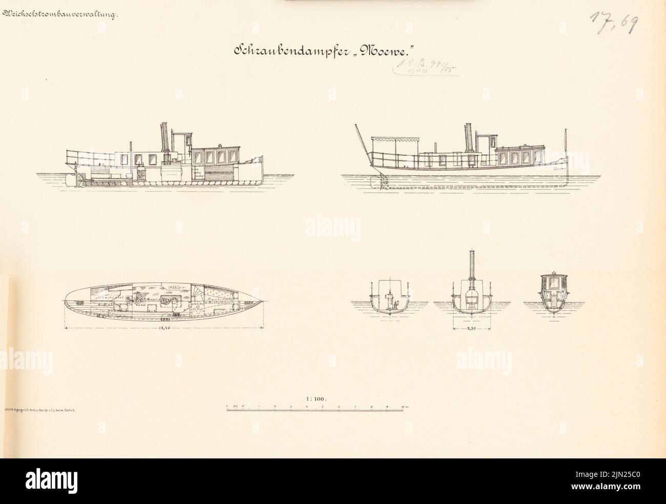 N.N., screw steamer »Moewe«: View, cuts 1: 100. Lithograph on paper, 28 ...