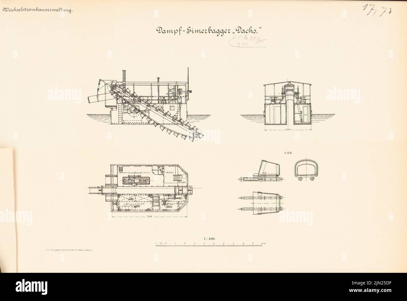 N.N., steam bucket excavator »Dachs«: cuts 1: 100. Lithograph on ...