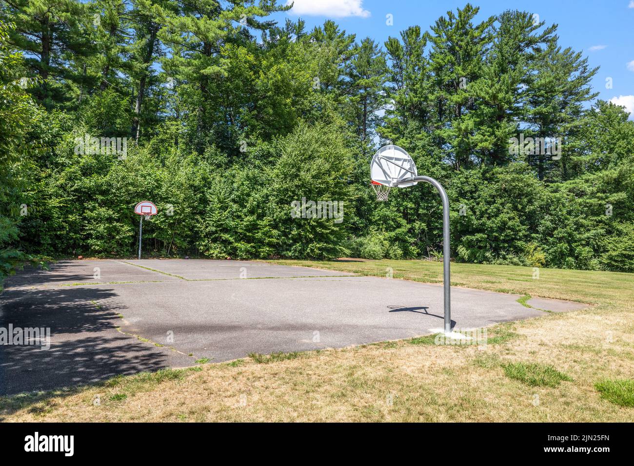 An outdoor basketball court surrounded by green trees Stock Photo - Alamy