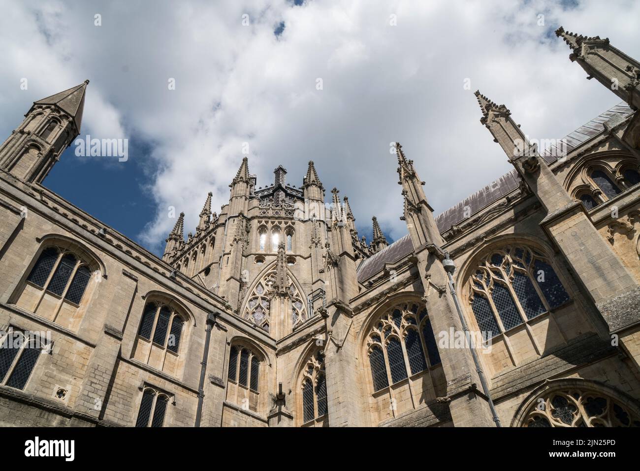 View from below of the exterior of the octagon tower at Ely Cathedral ...