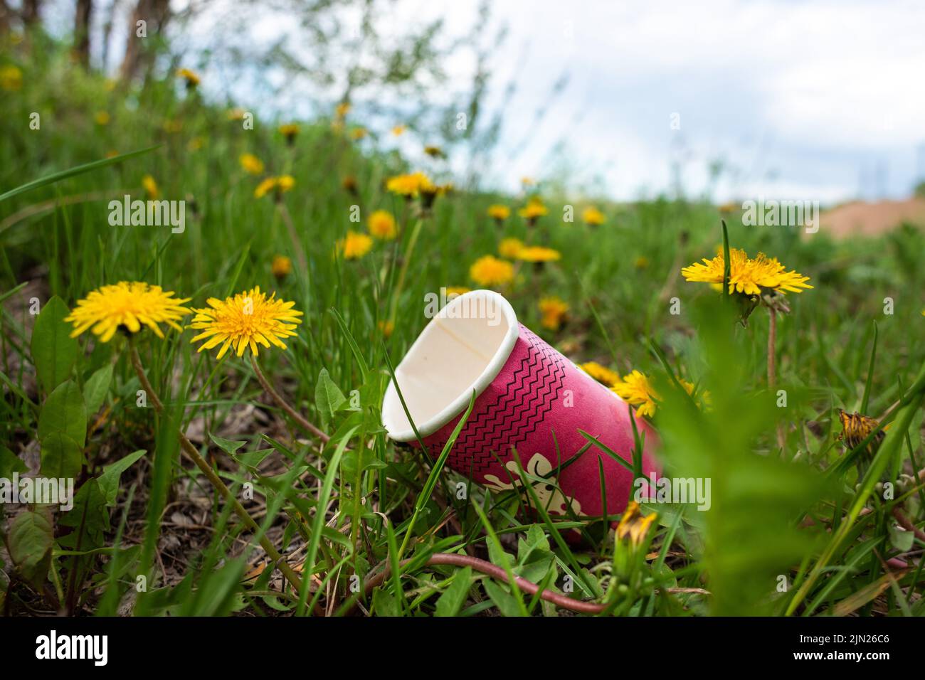 Abandoned garbage plastic and glass waste in nature among the grass ...
