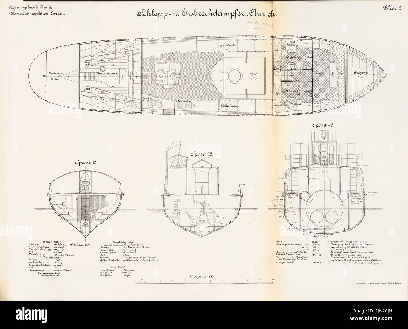 N.N., towing and ice rag steamers »Aurich«: cuts 1:50. Lithograph on ...