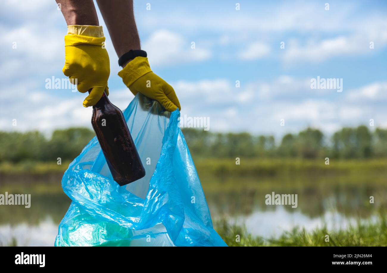 A woman picks up an abandoned glass bottle in the forest. Environmental ...