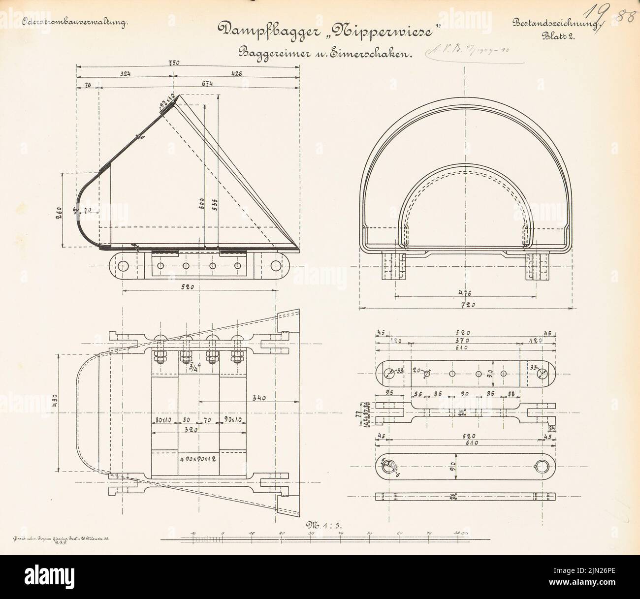 N.N., steam excavator »Nipperwiese«: excavator bucket and bucket chapes ...