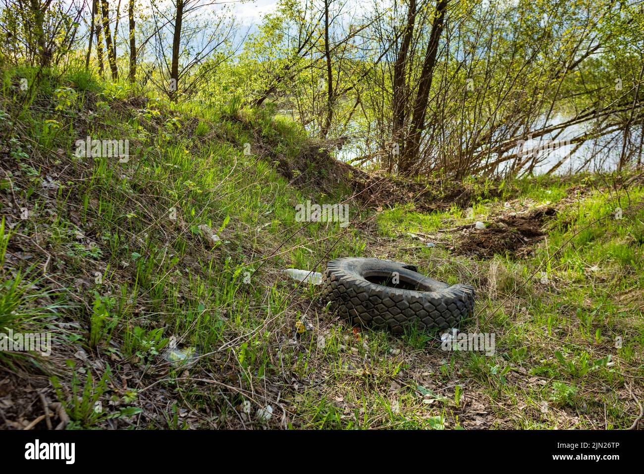 Abandoned car wheel waste in nature among the grass. Environmental ...