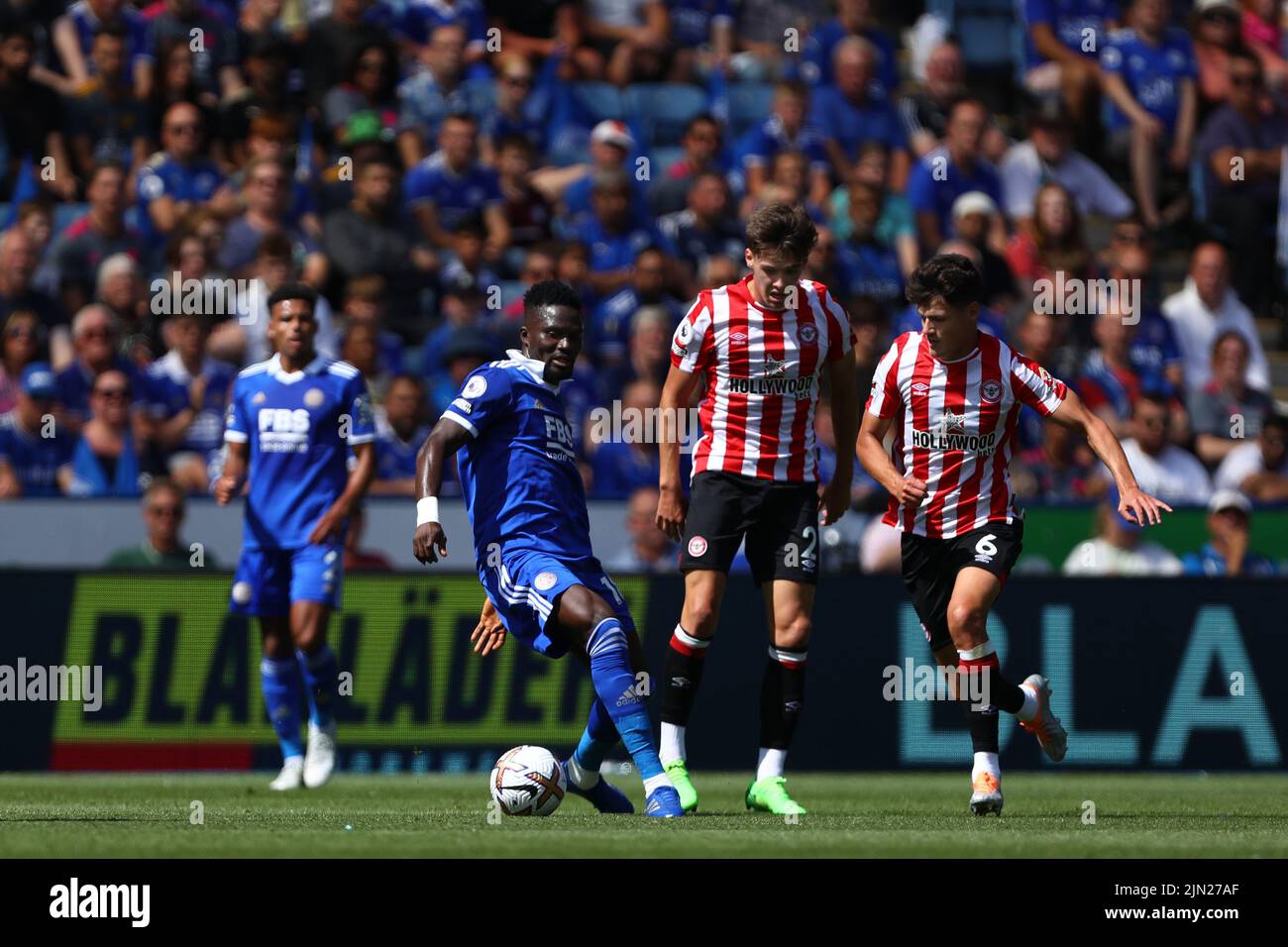 Daniel Amartey of Leicester City in action with Aaron Hickey and ...