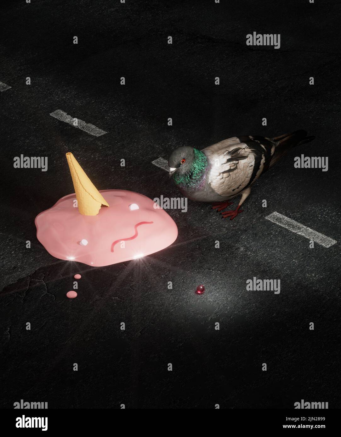 Sad melted ice cream on pavement. Dove looks and wants to eat delicious ...