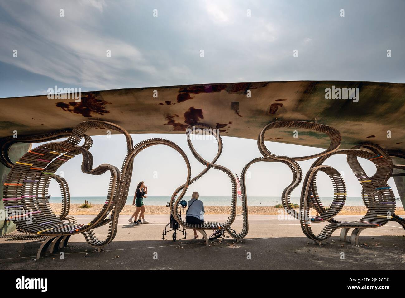 Littlehampton, July 21st 2022: The Long Bench on the beach Stock Photo ...