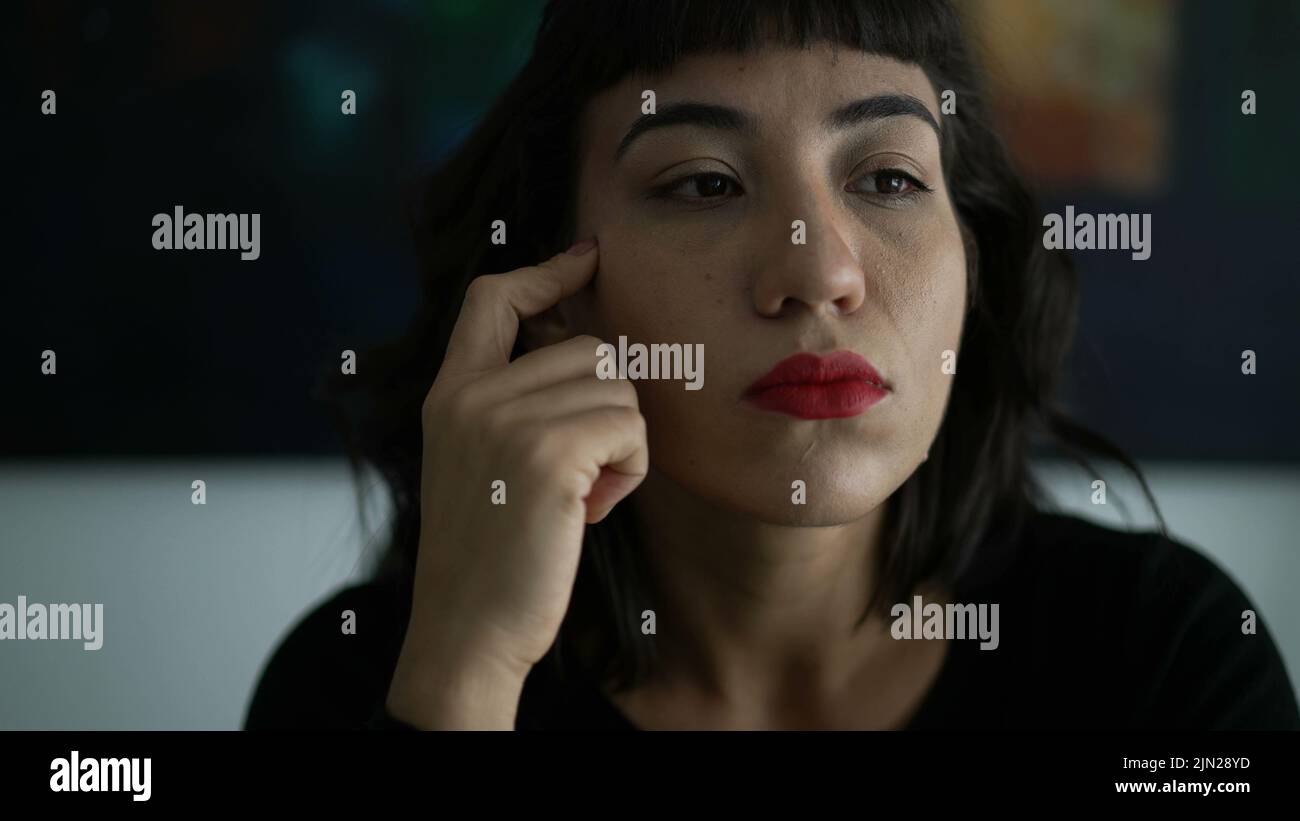 Pensive young woman. One mindful hispanic latina girl portrait thinking ...