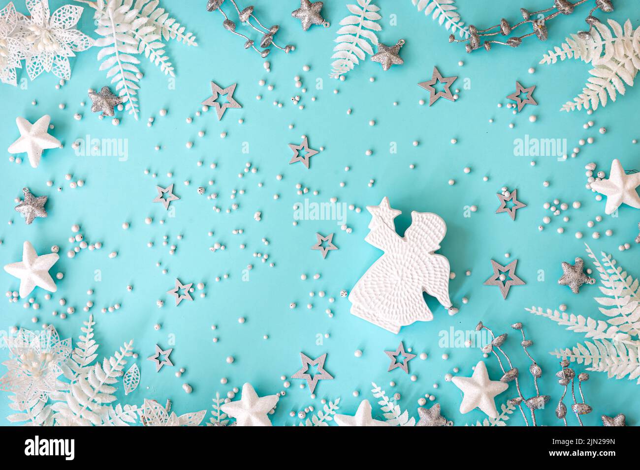 Flat lay, blue Christmas background with decor details Stock Photo - Alamy