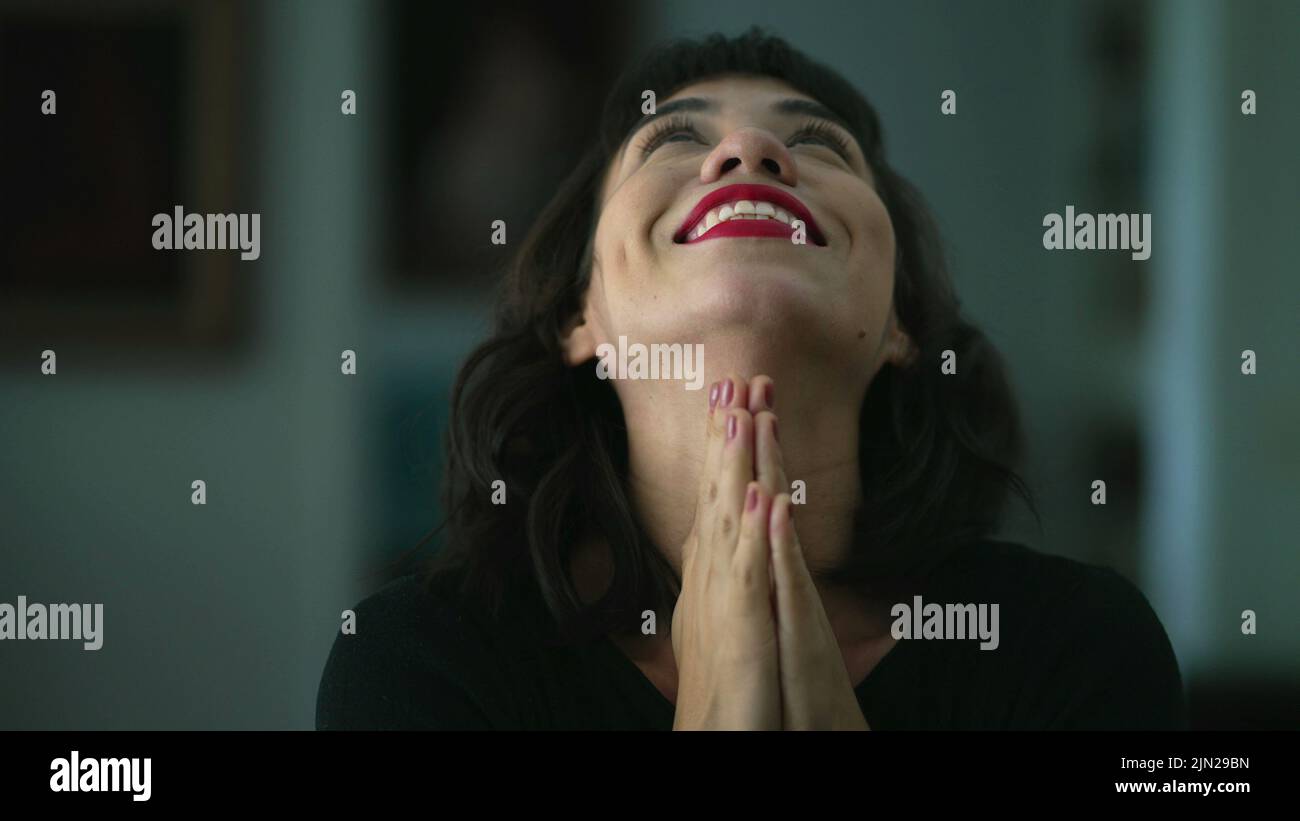 Grateful woman expressive face portrait. Delighted young person ...