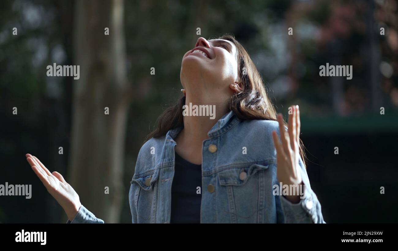 Spiritual woman feeling freedom. Person with opens arms feeling the ...