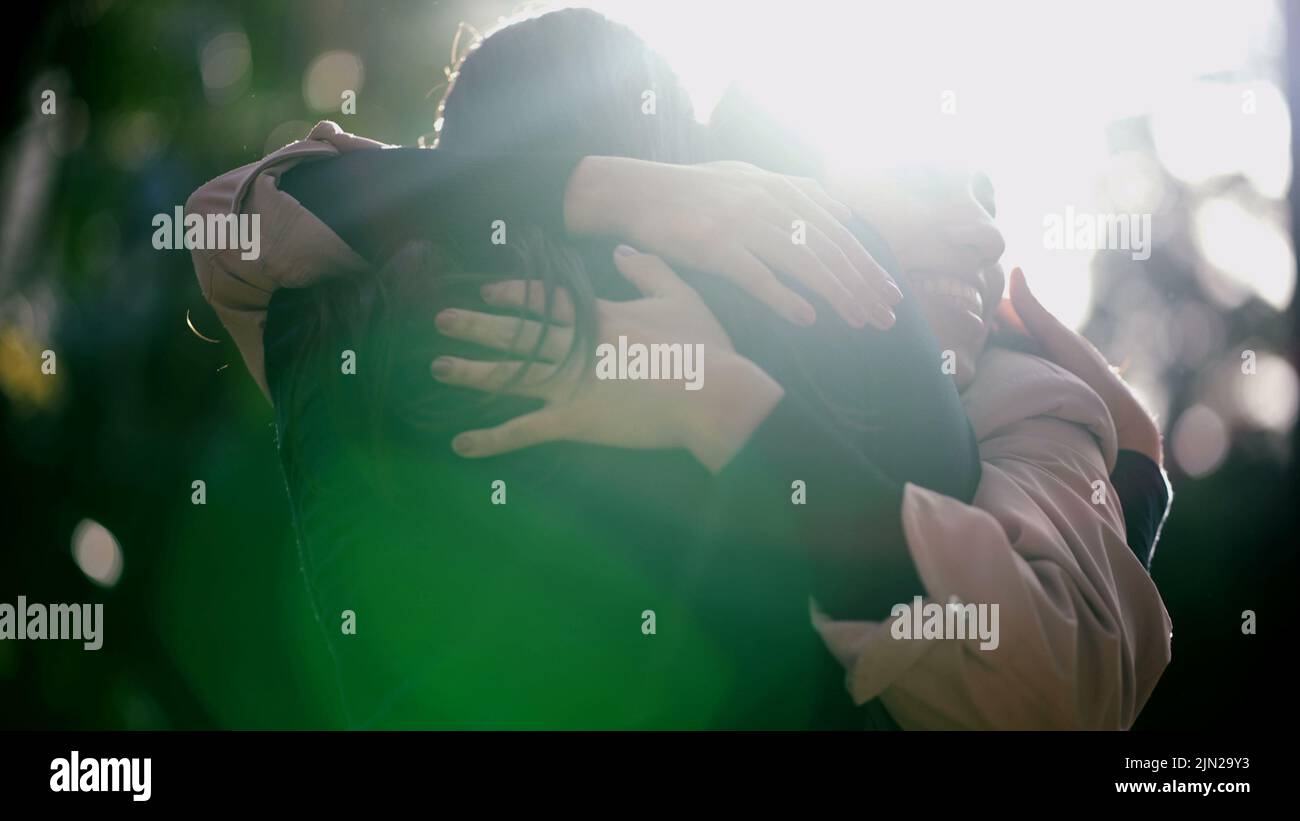 Two best friends reunion. Female friendship hug and embrace. Friends ...