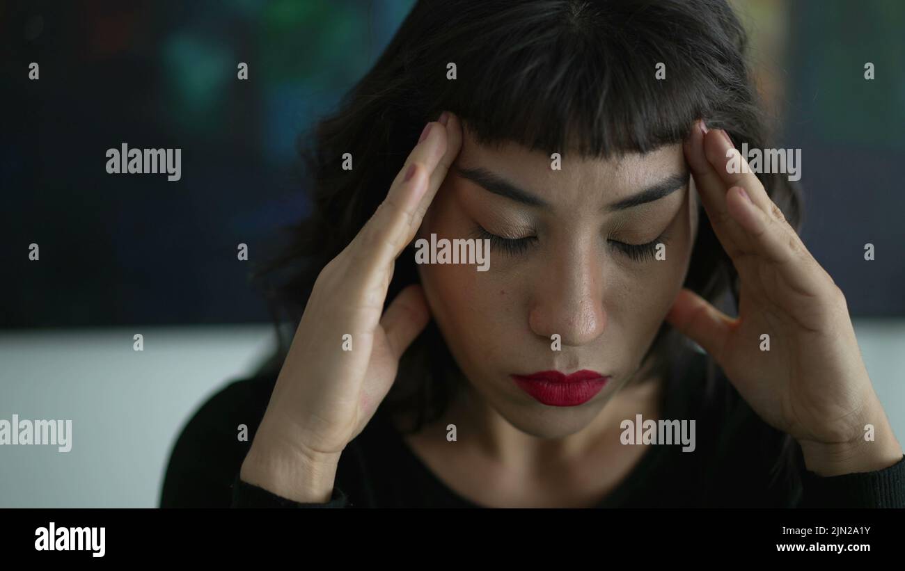 One anxious latina girl feeling apprehension. Concerned young restless ...