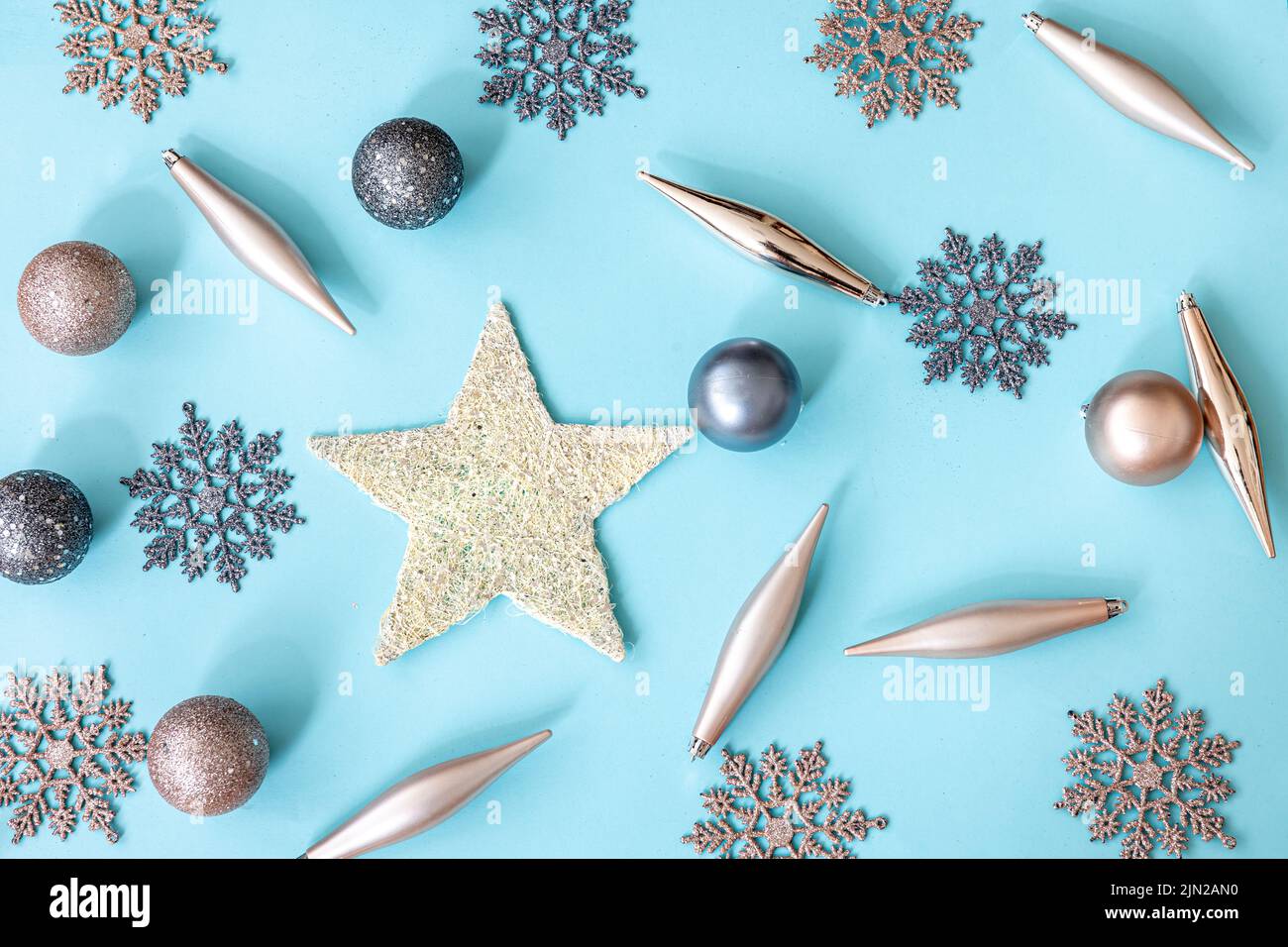 Flat lay, blue Christmas background with decor details Stock Photo - Alamy