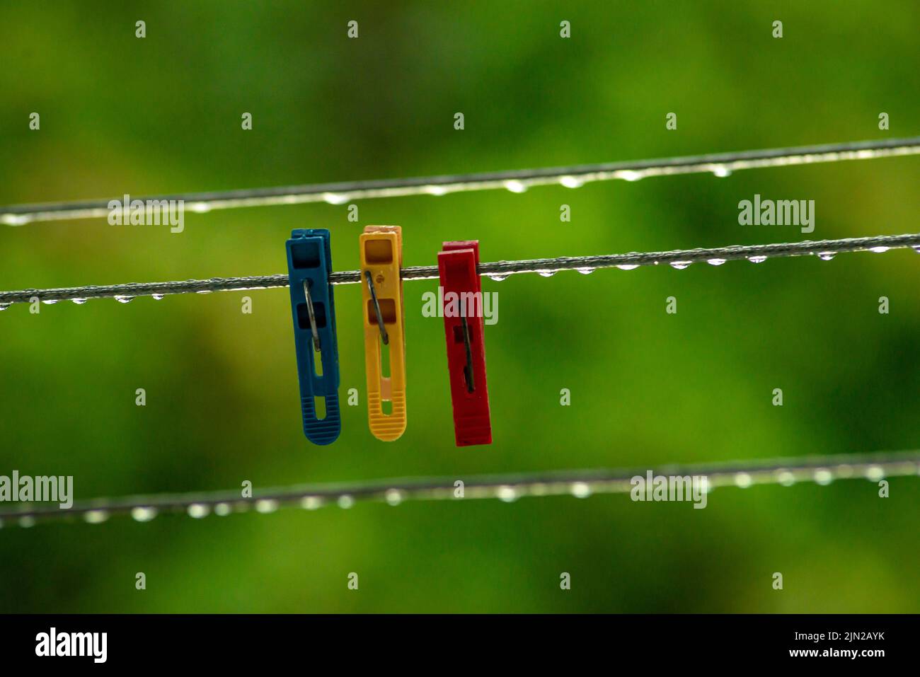 clothing lines of a clothes spin with many raindrops at the string in ...