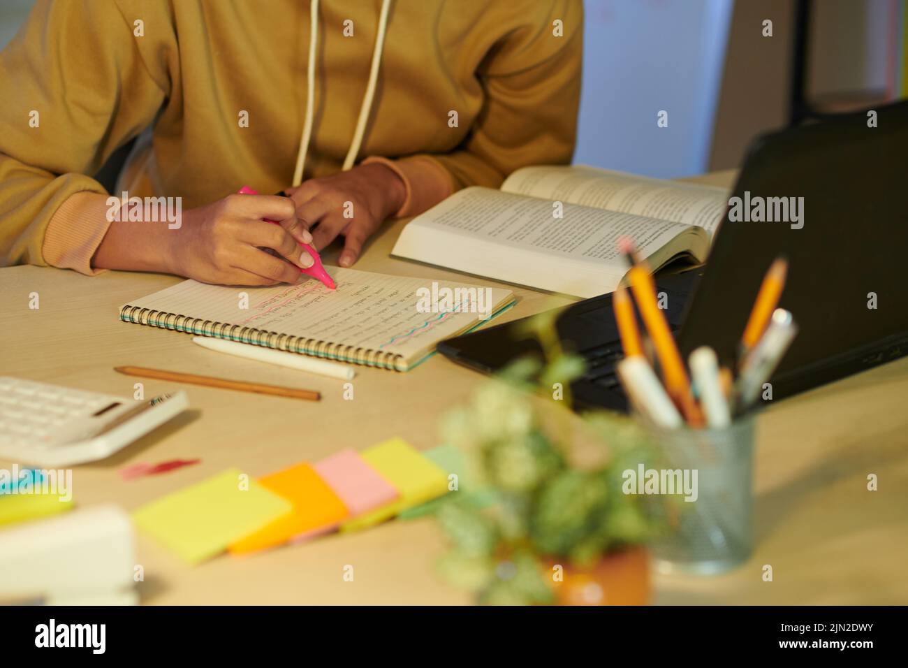 Closeup image of schoolgirl highlighting important thoughts in summary ...