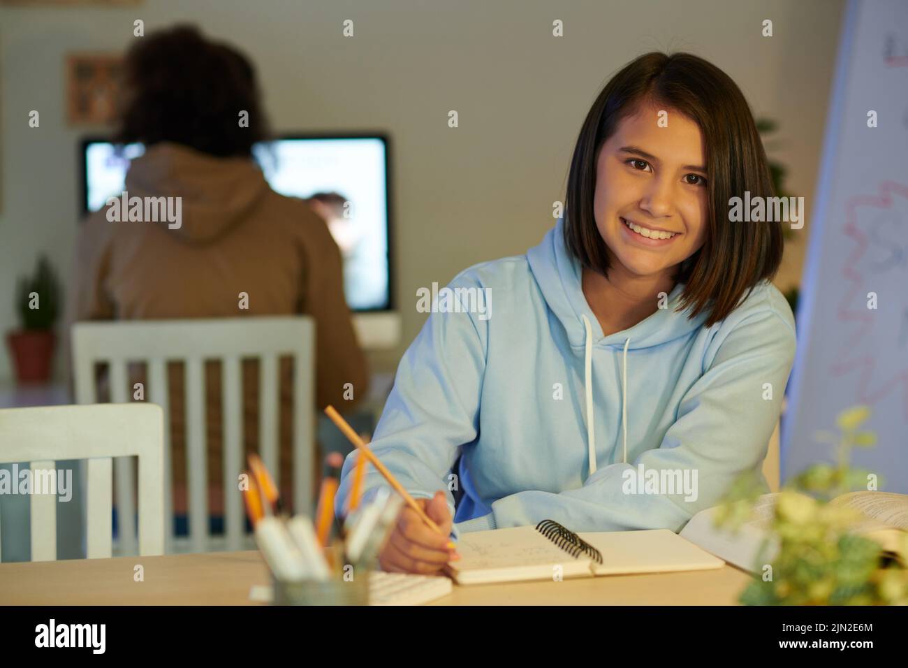 Portrait of smiling school student writing and sketching in planner ...