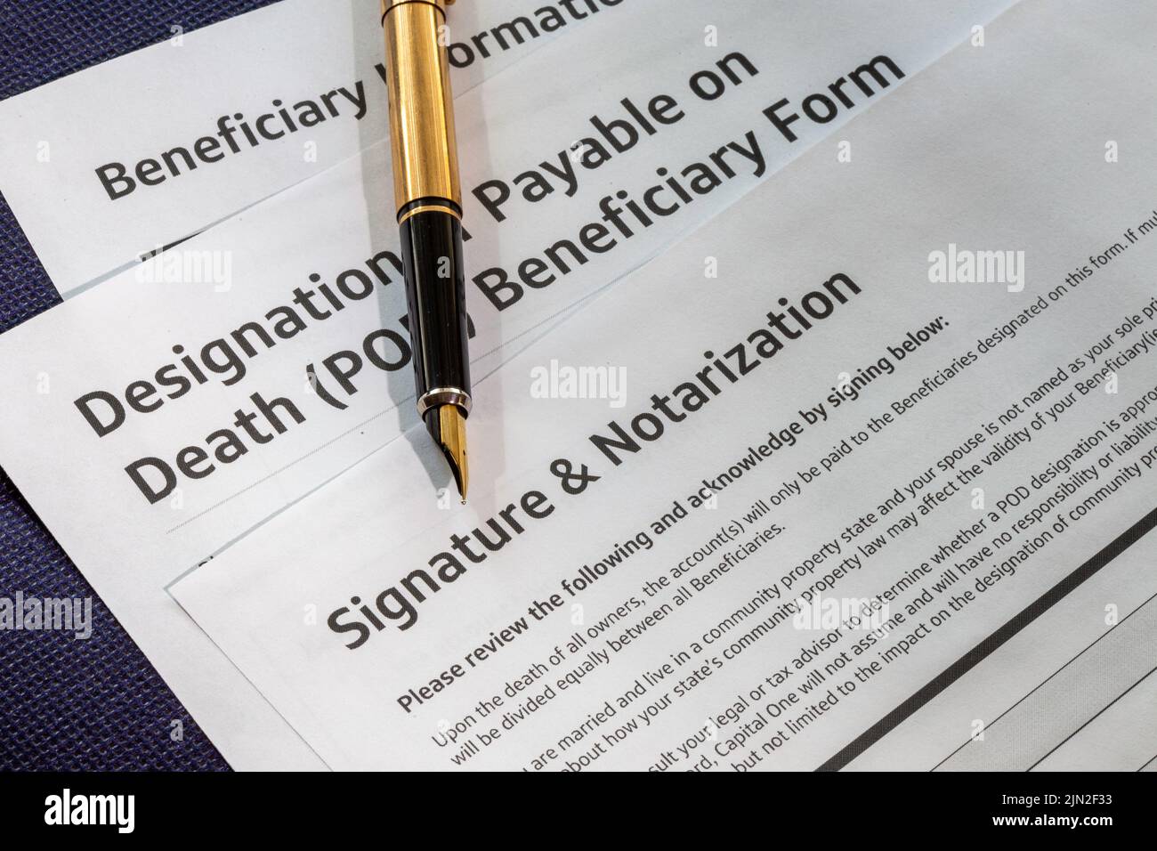 Beneficiary forms ready for signature with a fountain pen, USA Stock ...