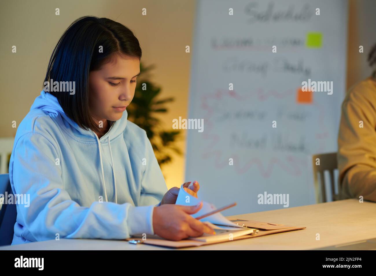 College student checking and revising notes in textbook when preparing ...