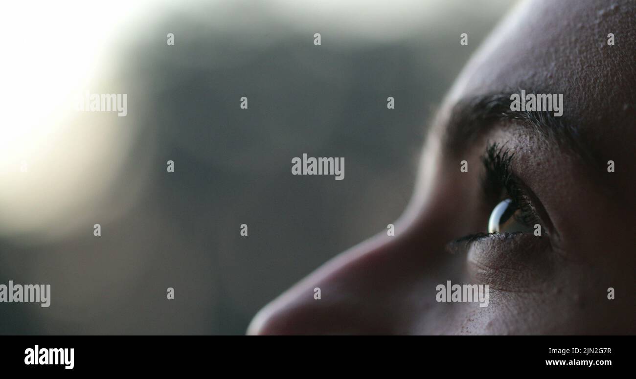 Young woman face opening and closing eyes. Girl meditating and in ...