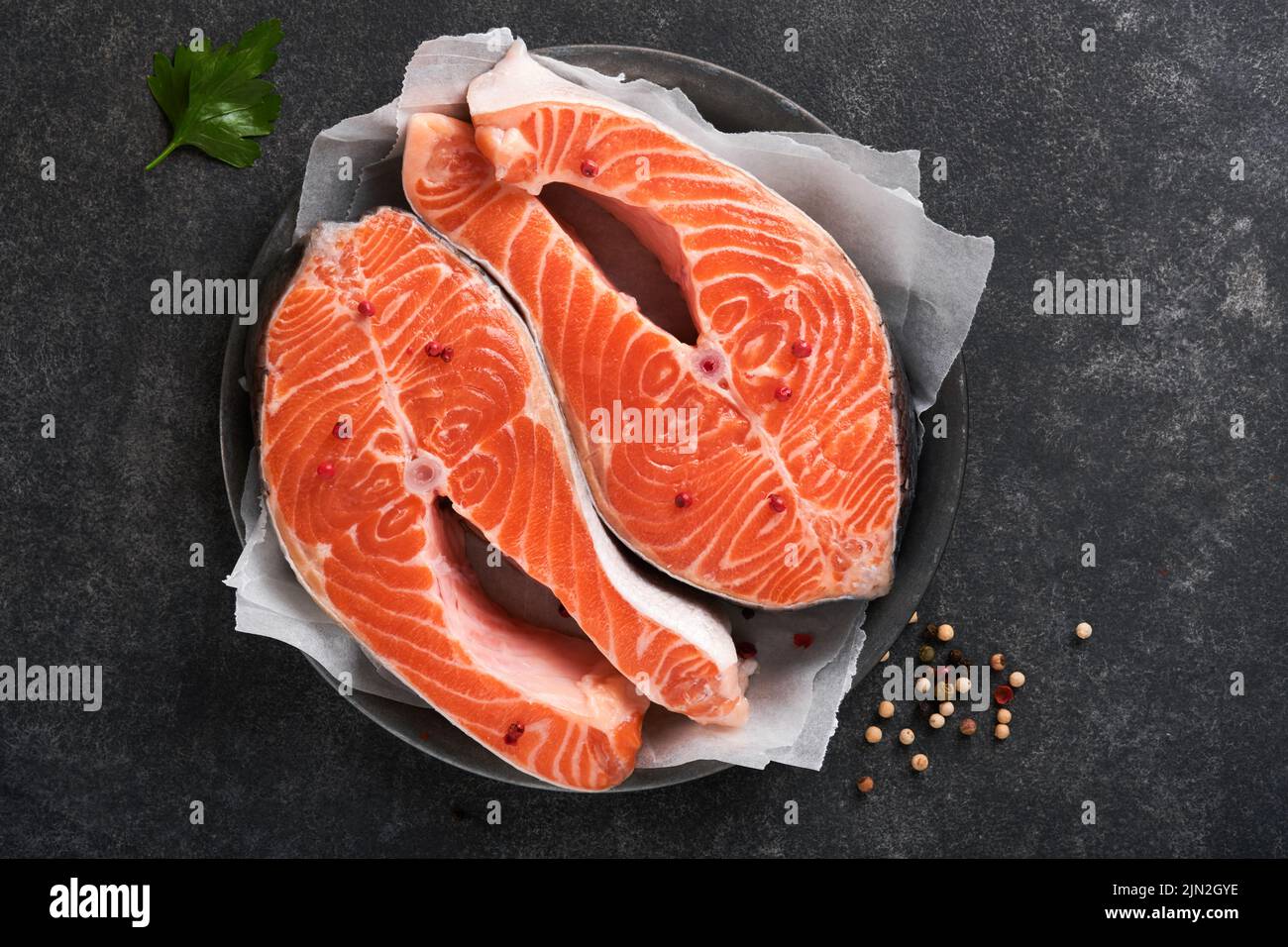 Salmon. Raw salmon steak. Fresh raw salmon fish with cooking ...