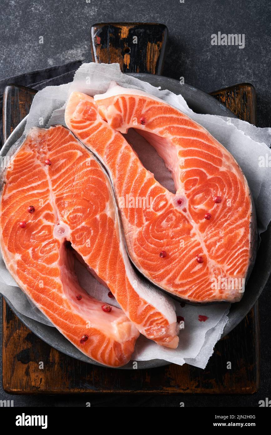 Salmon. Raw salmon steak. Fresh raw salmon fish with cooking ...