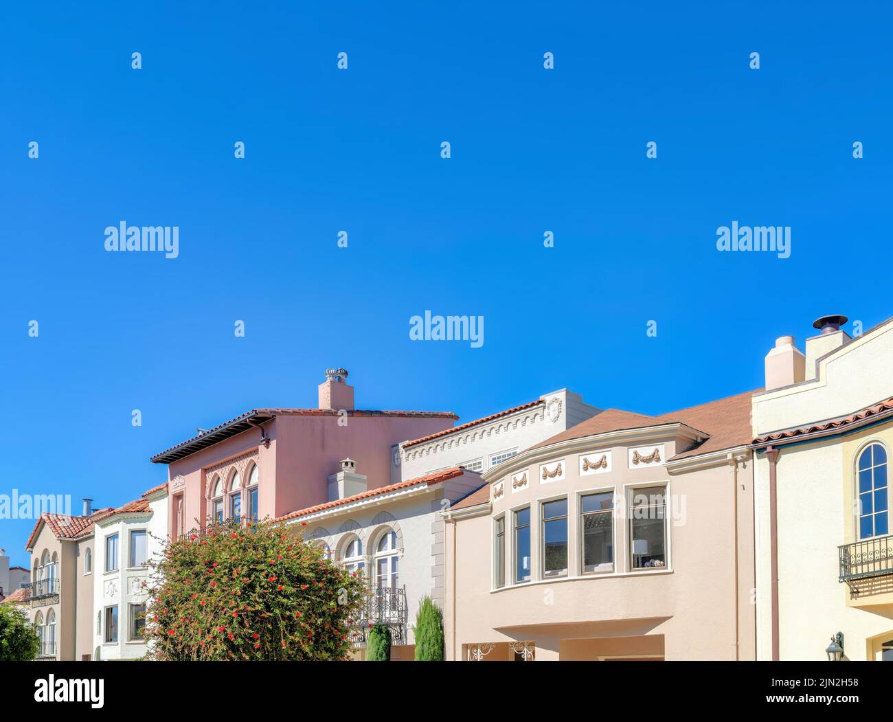 Adjacent homes with flowering trees at the front at San Francisco ...