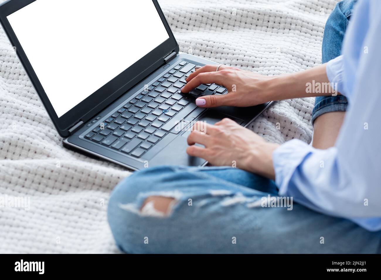 woman browsing laptop online shopping white screen Stock Photo - Alamy