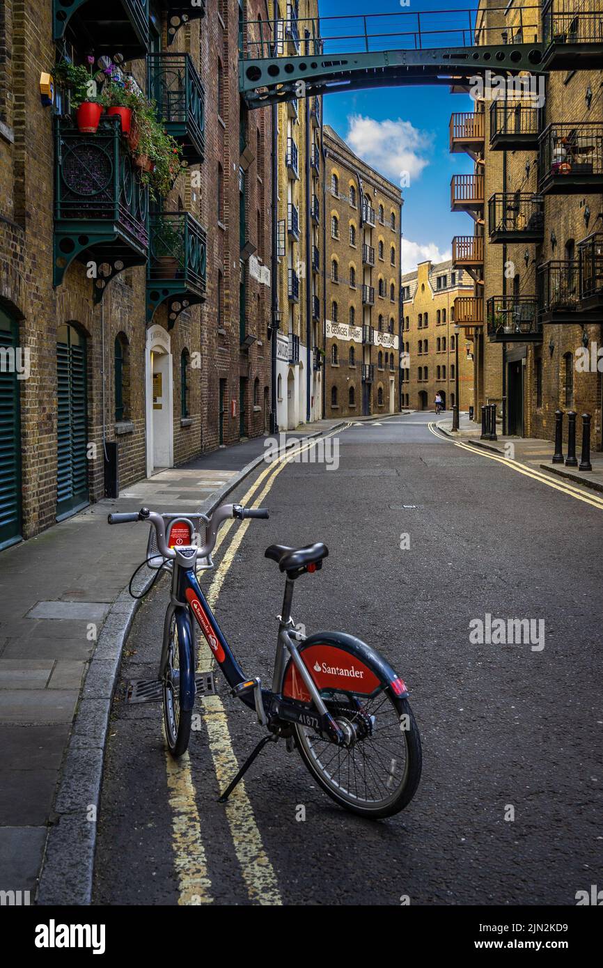 London, UK - Jun 10 2022: Santander bike at Shad Thames, one of the ...