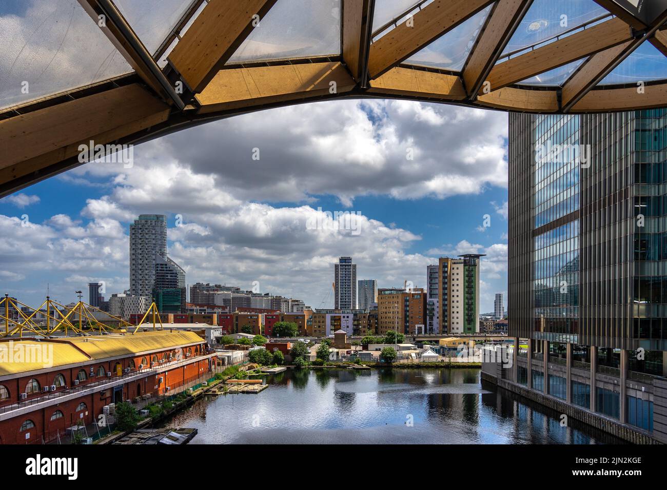 London, UK - Jun 10 2022: View of the skyscrapers of Canary Wharf along with North Dock shot ...