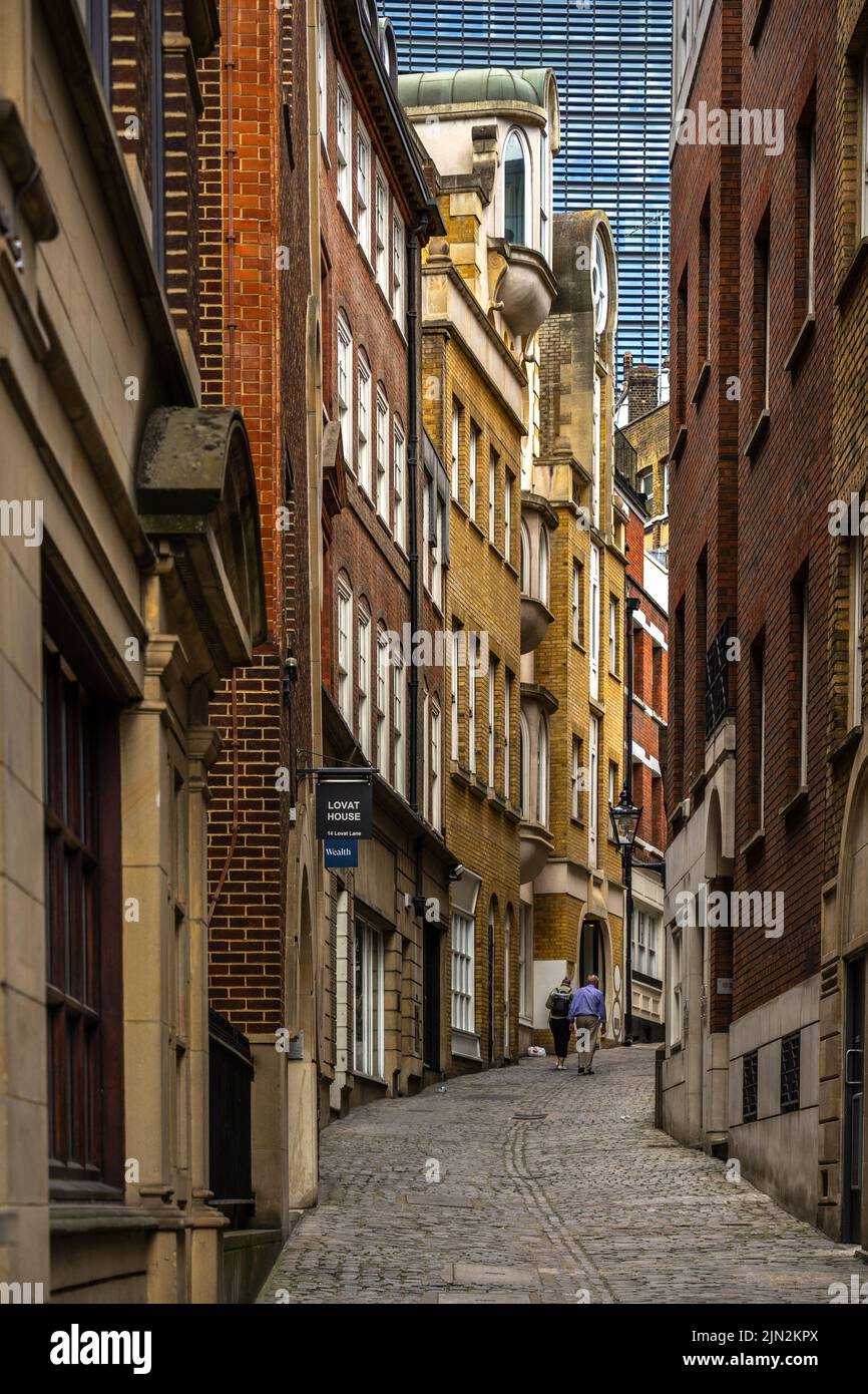 London, UK - 11 June 2022: Lovat Lane, historical narrow cobblestone ...