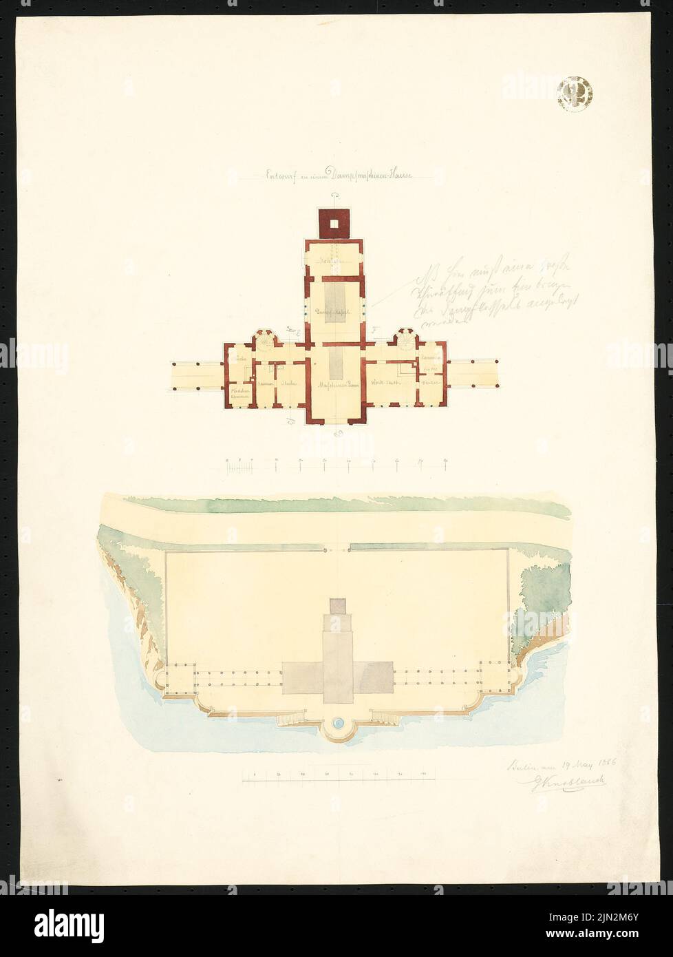 Steam engine house: site plan, floor plan Stock Photo - Alamy