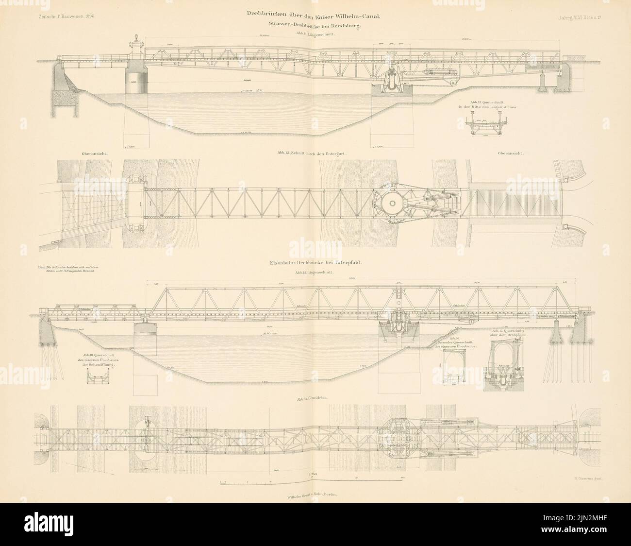 Kaiser-Wilhelm-Canal (North Ostsee Canal). Running bridges, Rendsburg, Taterpille: floor plans ...