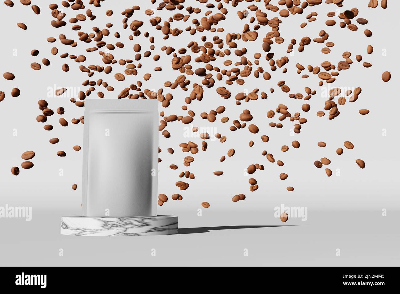 White pouch bag mockup falling coffee beans marble podium light ...