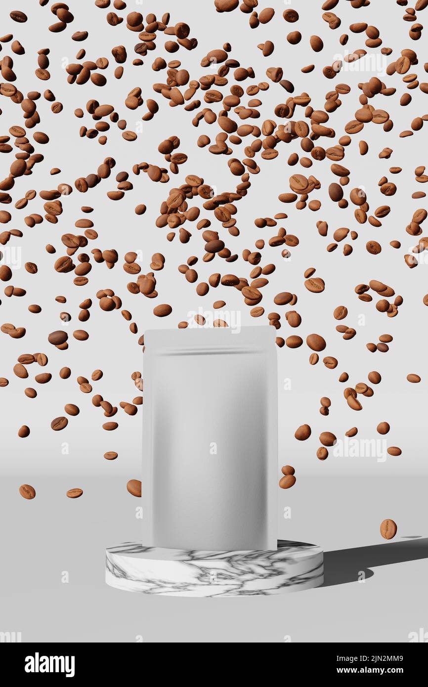 White pouch bag mockup falling coffee beans marble podium light ...