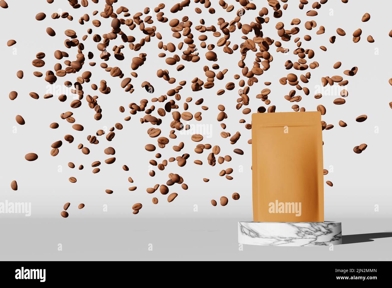 Paper pouch bag mockup falling coffee beans marble podium white ...