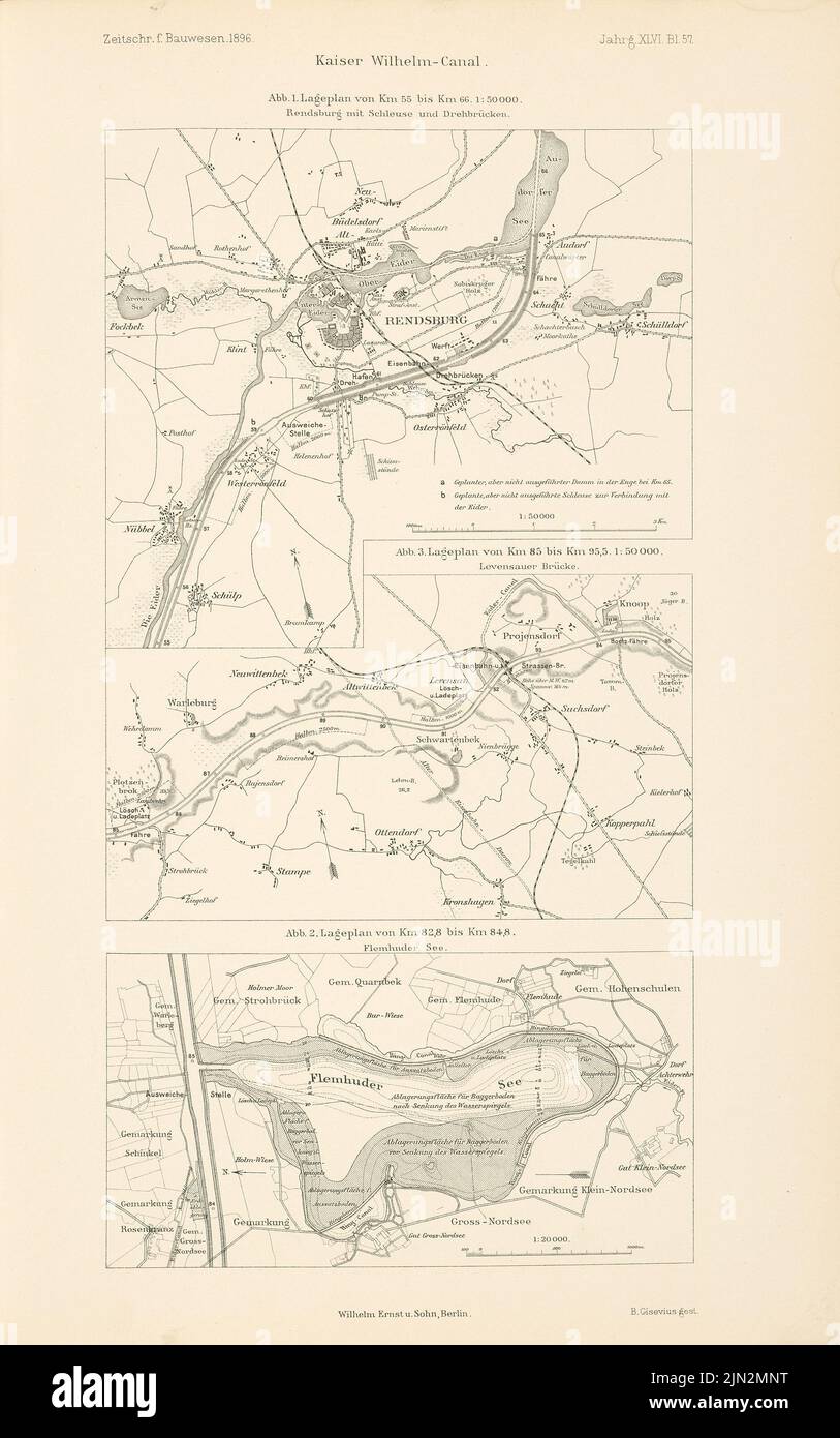 Kaiser-Wilhelm-Canal (North Ostsee Canal): Plans for Rendsburg and Flemhuder See 1: 50000, 1: ...