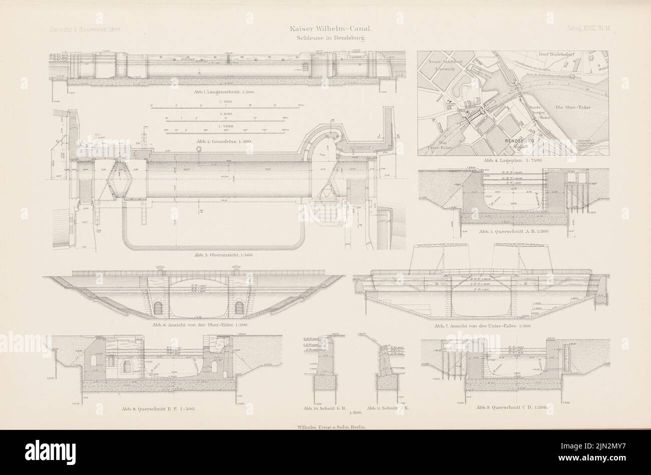 Kaiser-Wilhelm-Canal (North Ostsee Canal). Schleuse, Rendsburg: site plan 1: 7500, views, cuts ...