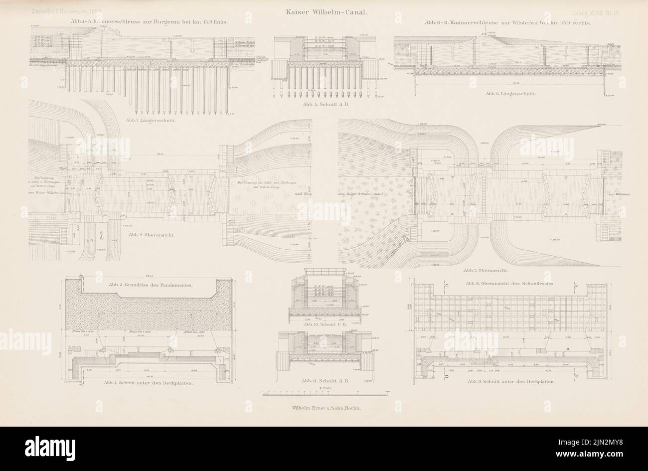 Kaiser-Wilhelm-Canal (North Ostsee Canal). Burgerau and Wilsterau Schleuse: View, floor plan ...